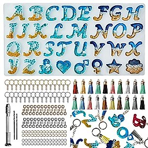 ISSEVE 164Pcs Obverse Alphabet Resin Molds Kit, Silicone Molds for Resin Casting DIY, Letter & Ornament Epoxy Molds Resin Keychain Making Set with 1 Hand Drill 2 Drill Bits 160Pcs Keychain Supplies