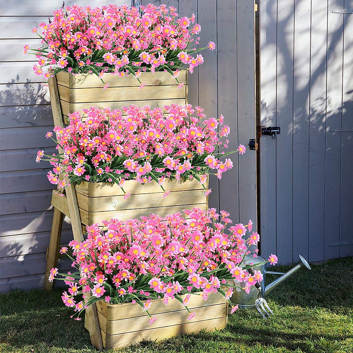 ArtBloom 6 Bundles Outdoor Artificial Daisies Fake Flowers UV Resistant Shrubs, Faux Plastic Greenery for Indoor Outside Hanging Plants Garden Porch Window Box Home Wedding Farmhouse Decor (Pink)