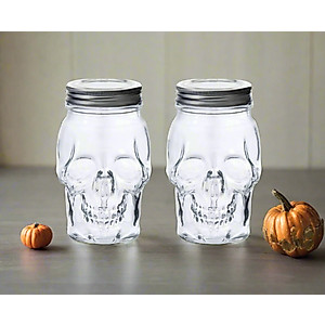 DURA LIVING Set of 2 Skull Mason Jar Glasses with Lids | 16oz Reusable Halloween Drinking Glasses | Unique Skull Décor, Storage, & Canning Jars for Parties & Gifts