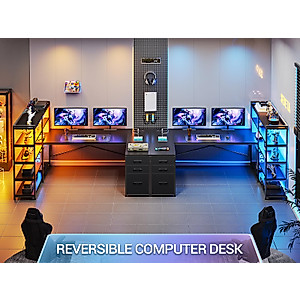 SEDETA L Shaped Gaming Desk, Reversible U Shaped Computer Desk with Power Outlet and Storage Shelves, Corner Gaming Desk with LED Lights, 3 Fabric Drawers, Black
