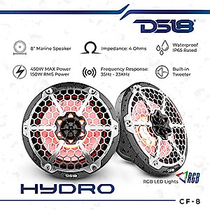 DS18 HYDRO CF-8M - High End Carbon Fibre Coaxial Speaker Pair - 2-Way Marine Speaker w/ Integrated RGB Lights - 450 Watt - 100% UV Stable - Water Resistant Speakers - 8 Inches