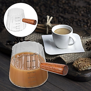 Espresso Shot Glass Measuring Cup 6Oz Triple Pitcher Milk Cup with Wood Handle Glass Side Pour Tea Pot Coffee Replacement Carafes for Milk Espresso Making
