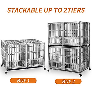 RyBuy 48" Heavy Duty Dog Cage Foldable Stackable Stainless Steel Kennel Cage for Small Dogs with Floor Grid, Tray, Divider
