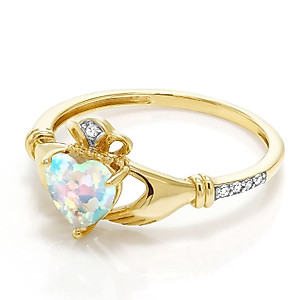 Gem Stone King 10K Yellow Gold Irish Celtic Claddagh White Simulated Opal and Diamond Accent Ring For Women (0.81 Cttw, Available in size 5, 6, 7, 8, 9)