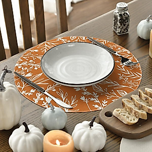 Artoid Mode Orange Eucalyptus Leaves Round Fall Placemats Set of 4, 14 Inch Seasonal Autumn Thanksgiving Round Table Mats for Dining Decoration