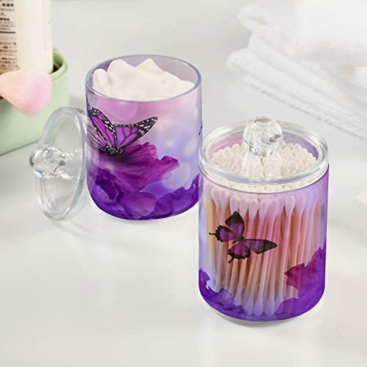 JUMBEAR 2 Pack Purple Butterfly Qtip Holder Dispenser with Lid, 14 oz Clear Plastic Apothecary Jar Set for Bathroom Vanity Organizers Storage Containers