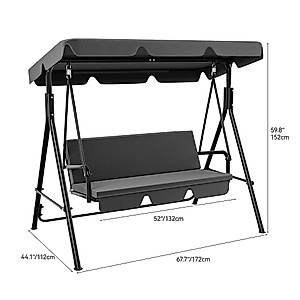 DWVO Patio Swing Front Porch Swing for Adults 3 Seat Porch Swings with Adjustable Canopy Outside Swing Bench with Removable Cushion, Suitable for Backyard, Garden, Yard, Poolside, Balcony (Gray)