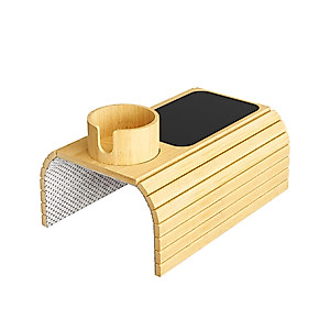 BS-VOG Couch Cup Holder, Bamboo Couch Arm Tray with 360° Rotating Drink Holder, Foldable Anti-slip Couch Arm Table, Sofa Armrest Tray Clip on Wide Couches for Eating, Snacks, Remote, No Installation