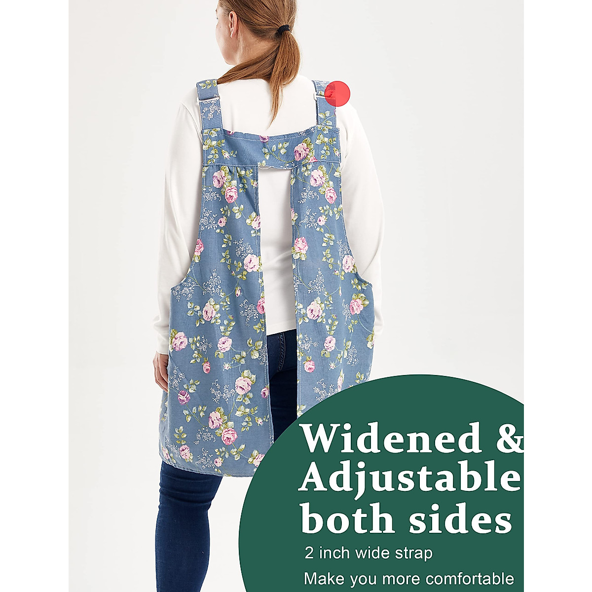 APRONNER No Ties Plus Size Aprons for Women with Pockets Cotton Linen Baking Kitchen Cooking Rose Flower