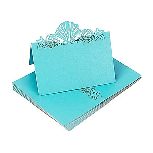 Set of 50 Nautical Place Cards for Table Setting, Seashell and Starfish Cutout Name Cards for Beach Wedding Party Shower, Teal Blue