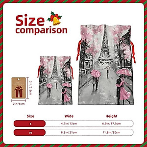 Paris Street Eiffel Tower Pink Floralchristmas Drawstring Gift Bag, Linen Drawstring Gift Bag, Reusable Drawstring Gift Bag, Used For Christmas, Birthday, Wedding Supplies