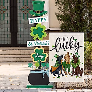 CROWNED BEAUTY St Patricks Day Dogs Garden Flag 12x18 Inch Double Sided for Outside Small Burlap Green Shamrock Hello Lucky Yard Holiday Decoration CF739-12