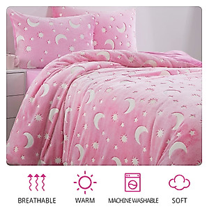 HOMBYS Glow in The Dark Duvet Cover Set for Kids Twin Size, 3 Pieces Pink Soft Plush Velvet Bedding Comforter Cover with Glowing Stars for Girls Bedroom (1 Duvet Cover, 2 Matching Pillow Cases)