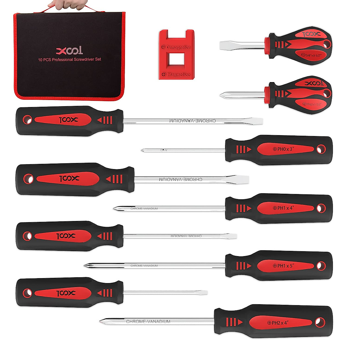 XOOL Magnetic Screwdriver Set 10PCS, 5 Phillips and 5 Flat Head Tips Professional Cushion Grip Screwdriver Non-Slip for Repair Home Improvement Craft