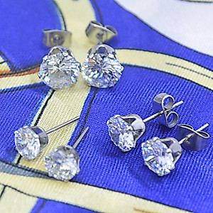 HOVEOX 6 Pairs Alloy Womens Stud Earrings Round Clear Cubic Zirconia Inlaid Simulated Diamond Rhinestone Hypoallergenic Pierced Jewelry CZ Studs 0.1 inch-0.3 inch for Unisex Teens and Women, Silver