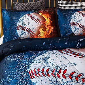 NTBED Baseball Comforter Set Full Size for Boys Teens,3D Sports Bedding Comforter,Fire Printed Quilt Set with 2 Pillow Shams