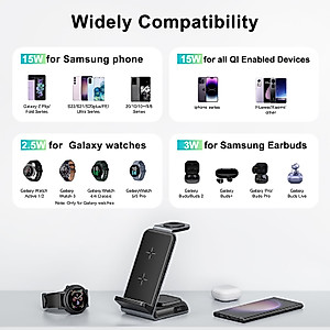 Wireless Charging Station for Samsung - Fast Charging Wireless Charger for Galaxy S23 Ultra/S23/S23+/Z Flip/Fold 5/4/3/iphone/Android Phones, Galaxy Watch 6/5 Pro/5/4/3 & Buds.(with 30W PD Adapter)