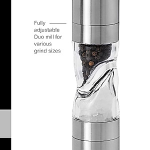 AdHoc Duomill Pure Salt and Pepper Combo Mill - 2-in-1 Salt and Pepper Grinder with Aroma Bottom Cap - Adjustable Grinder - Refillable Spice Tools - Hand Wash Kitchen Tool - Stainless Steel, 9"
