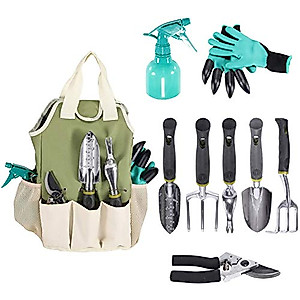 Garden Tool Set | Garden Tools Organizer Tote | Gardening Gloves Included Great Garden Tools for Woman and Men | 9 Piece Garden Accessories Tool Organizer Kit | Gardening Gifts | Gardeners Supply