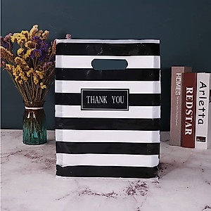 Daarcin 100pcs 16x18in Large Black and White Stripes Thank You Merchandise Bags,Die Cut Plastic Shopping Bags with Handle for Boutique,Party,Goodie,Stores,Clothes, Reusable Retail Bags for Bussiness