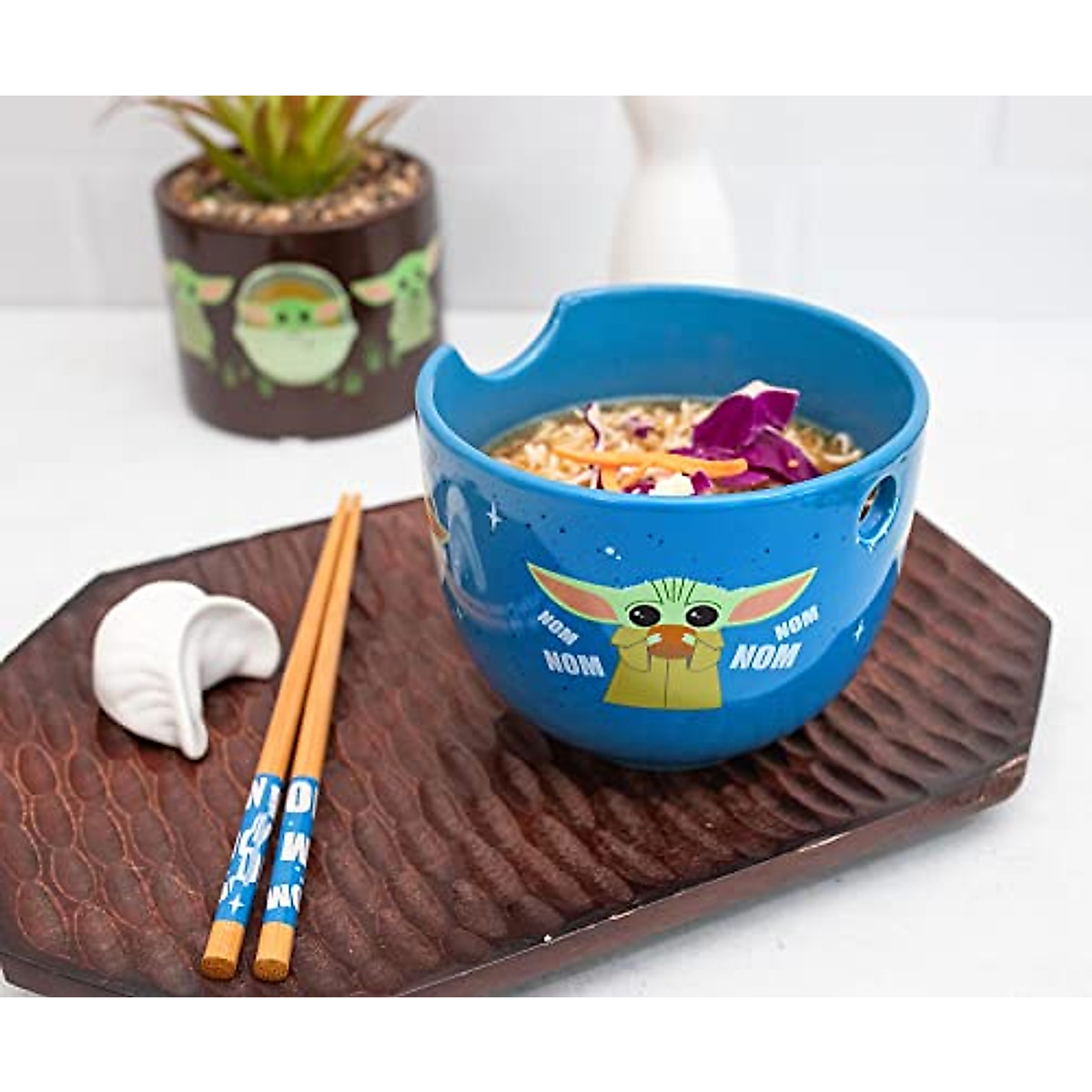 Star Wars: The Mandalorian Grogu"Nom Nom" Japanese Ceramic Dinnerware Set | Includes 20-Ounce Ramen Noodle Bowl and Wooden Chopsticks | Asian Food Dish Set For Home & Kitchen | Cute Baby Yoda Gifts