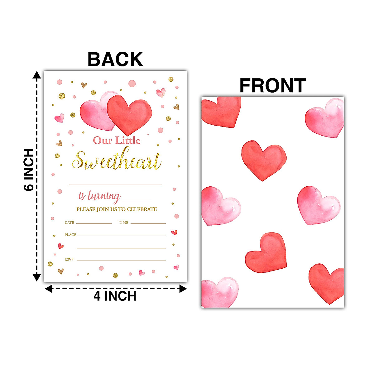 Buildinest Sweetheart Birthday Party Invitations with Envelopes (20-Pack), 4"x6" Pink Red Watercolor Hearts Birthday Invitation Cards, Fill-in Style Party Invites-B12