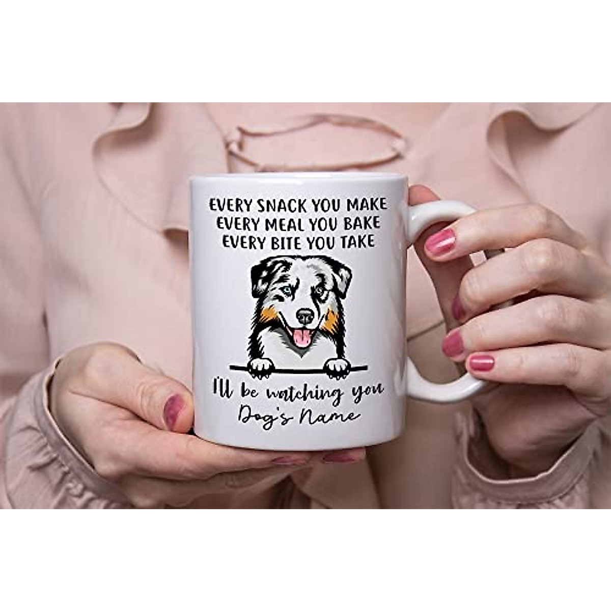 Personalized Blue Merle Australian Shepherd Coffee Mug, Every Snack You Make I'll Be Watching You, Customized Dog Mugs for Mom Dad, Gifts for Dog Lover, Mothers Day, Fathers Day, Birthday Presents