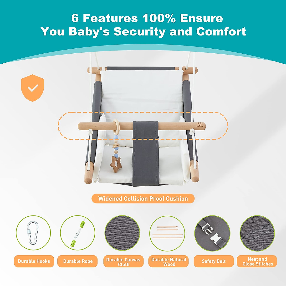 Troispot Comfortable Baby Swing Bed, Secure Canvas and Wooden Hanging Swing Chair for Baby, Infant, Toddler, Kids Toys, Indoor Outdoor Hammock for Indoor Playground, Tree Swings or Backyard, D2