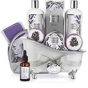 Valentines Bath Gift Basket Set for Women: Relaxing at Home Spa Kit Scented - Lavender and Jasmine with Large Bath Bombs, Salts, Shower Gel, Body Butter Lotion, Bath Oil, Bubble Bath, Loofah & More