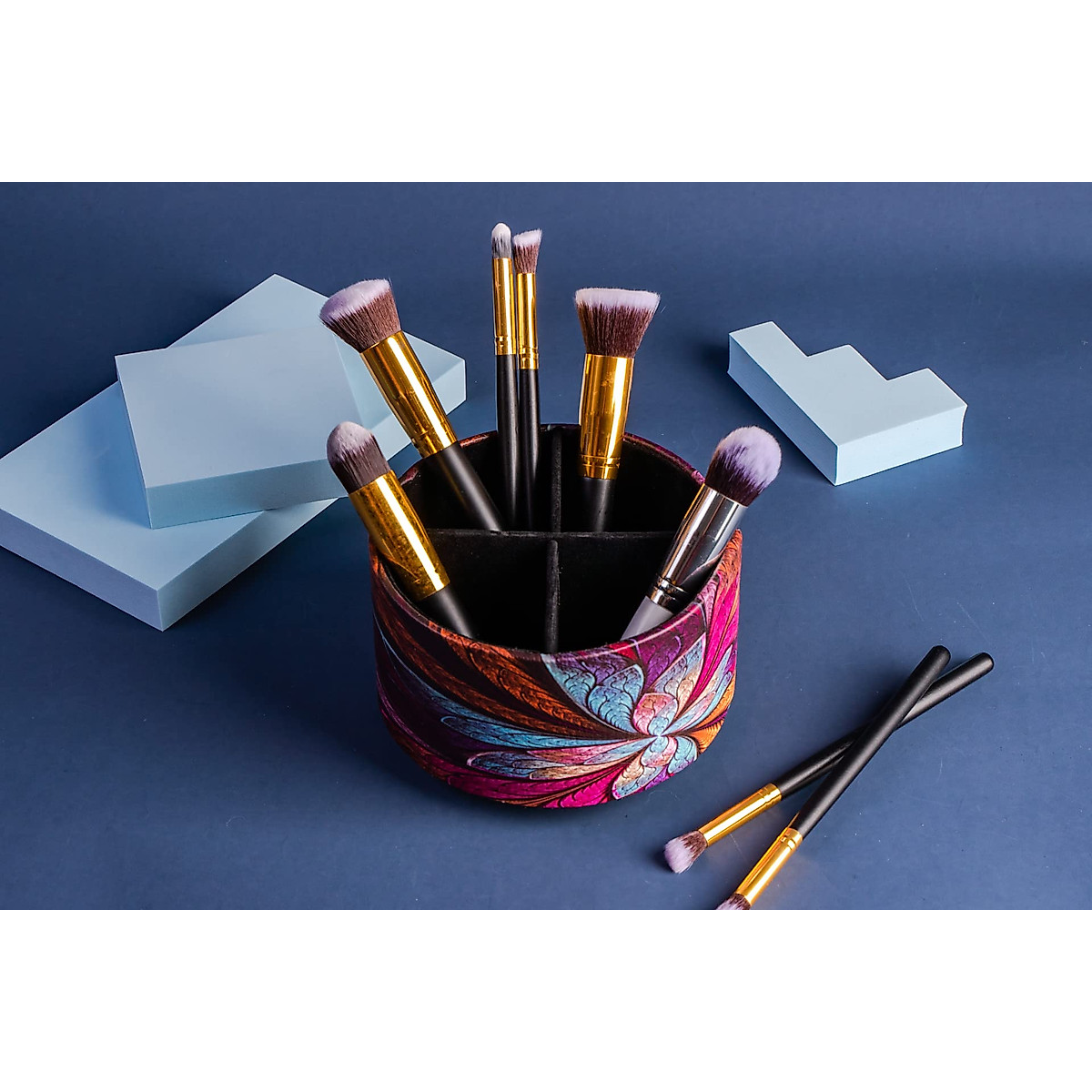 Hennaja Round Leather Art Supply Organizer,Remote Control Holder,360 Degree Rotating,Multi-Functional Pencil Holder,4 Compartments Desktop Stationary Organizer(1-Fractal Flower)