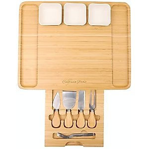 Cheese Board and Knife Set | Wine Board | Organic Bamboo Wood Charcuterie Platter Serving Board Cheese Tray with Cutlery | Perfect for Birthday, Housewarming & Wedding Gifts