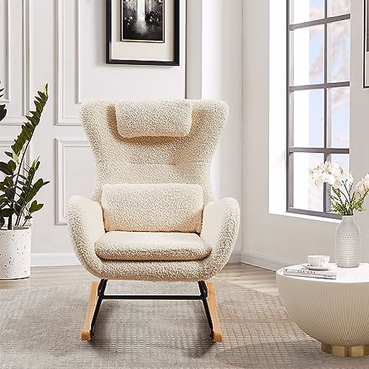 FEELLE Upholstered Nursery Rocking Chair - Comfy Modern Rocking Chair with Padded Seat, High Backrest, and Armrests for Living Room Bedroom Offices (Beige)