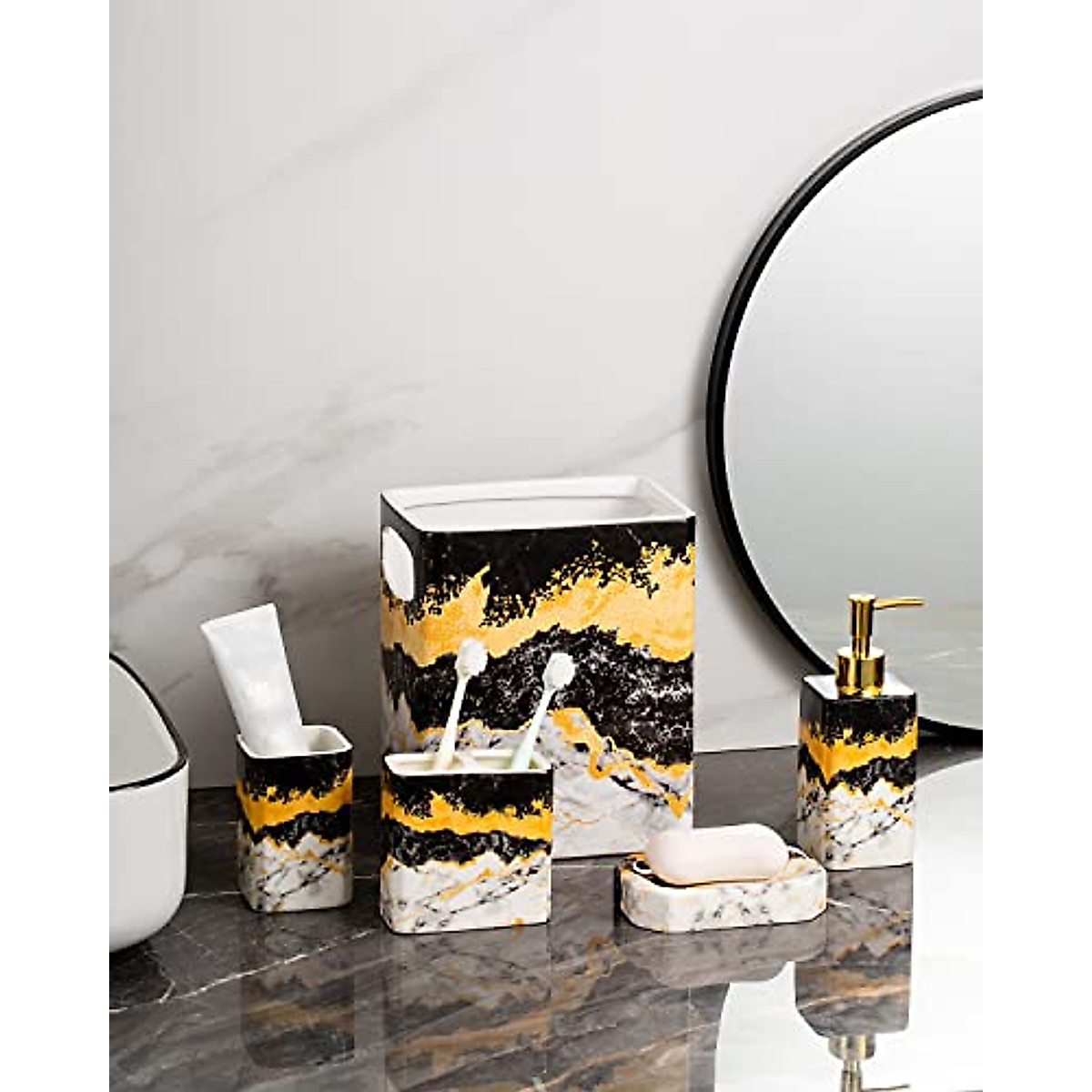 Marble Accessories Set, Black and White Marble Ceramic Decorative Small Trash Can Wastebasket, Garbage Container Bin for Bathrooms, Powder Rooms, Kitchens, Home Offices