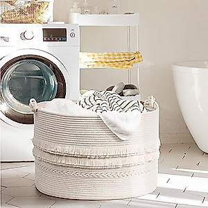 TIMEYARD Large Decorative Basket, 21.7'' x 13.8'' Cotton Rope Blanket Basket Living Room Toy Baskets Storage Kids, Baby Laundry Baskets for Dirty Clothes Pillows Towel, 90L White