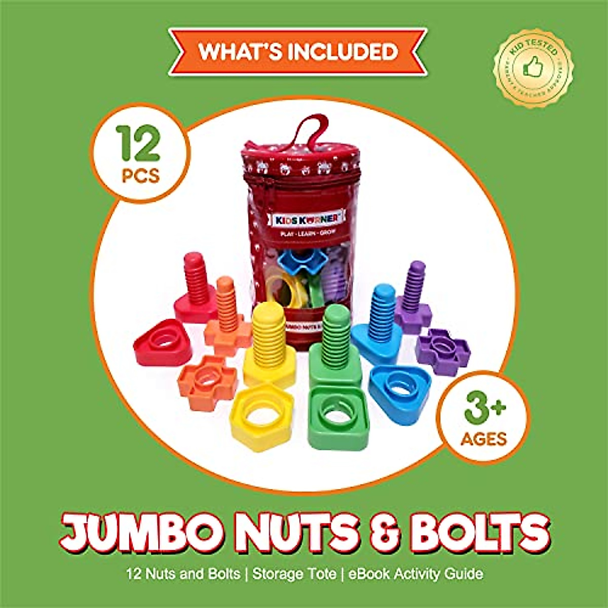Jumbo Nuts and Bolts For Toddlers - Fine Motor Skills Rainbow Matching Game Montessori Toys For Toddlers & Toddler Games | 12 pc Occupational Therapy Educational Toys with Toy Storage + eBook