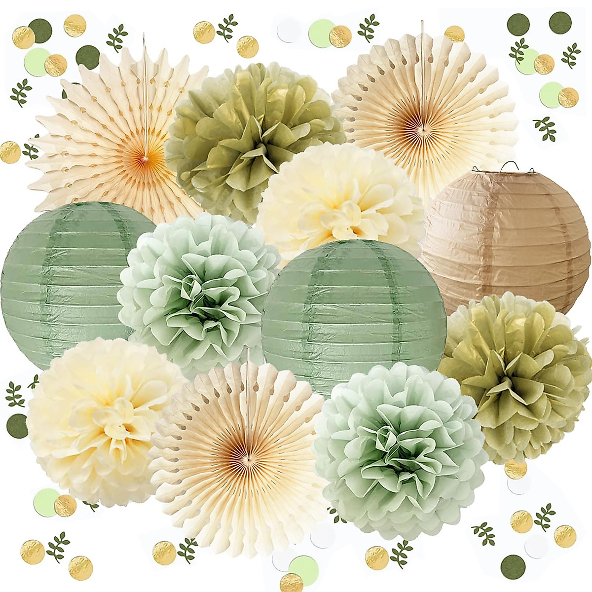 Sage Green Party Decorations Sage Gold Cream Tissue Paper Pom Poms Paper Lanterns Sage Green Confetti Dots Scatter Table Decoration for Baby Shower Birthday Wedding Engagement Party Decorations