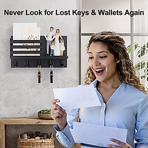 Lwenki Key Holder for Wall – Decorative Wooden Mail Holder and Key Shelf with Mounting Hardware, Installation Guide – Paulownia Wood with 5 Metal Key Hooks (11.8” x 6.7” x 2.8”)