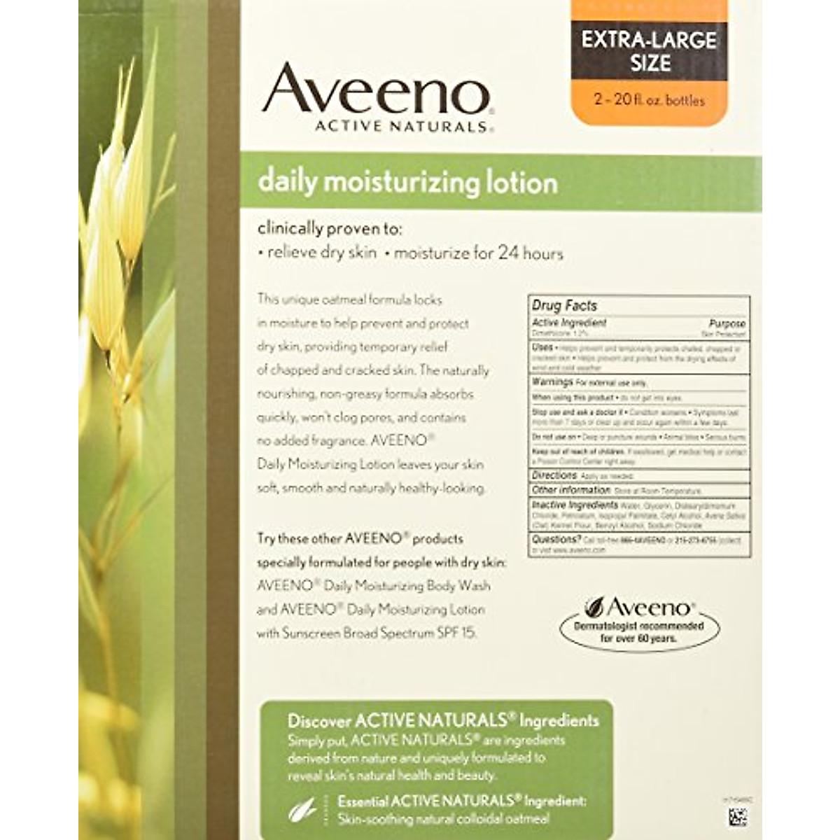Aveeno Active Naturals Daily Moisturizing Lotion, New 2 Pack Of 20 Fl Ounce Pump, 1 Fl Ounce