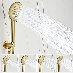 HomGoo Shower System with Tub Spout, Tub Shower Faucet Set with High Pressure 10" Rain Shower head and 5-Setting Handheld Shower Head Set, Pressure Balance Valve included, Brushed Gold