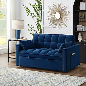 LUMISOL 4 in 1 Loveseat Sofa Bed with Armrests and Storage Pockets, Multifunctional Tufted Pull-Out Sofa Bed with Adjustable Backrest and Pillows, Convertible Loveseat Sofa Couch, 2 Seat, Blue