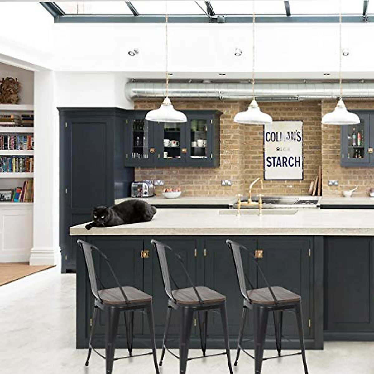 FDW Modern Bar Stool Set of 4 Counter Height Barstool with Back 24 Inches Seat Height Industrial Bar Chairs Indoor Outdoor Metal Kitchen Stools Restaurant Patio Stool Stackable