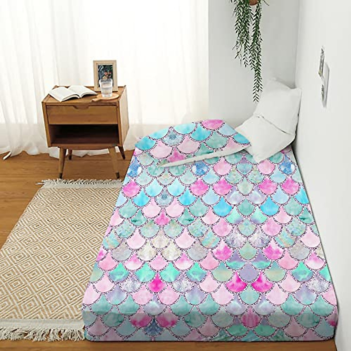 MUSOLEI Mermaid Fitted Sheet Set 3D Rainbow Scales Twin Girls Bedding Set 2PCS 1 Deep Pocket Fitted Sheet with 1 Pillowcases Wrinkle Free Cozy Microfiber(01,Twin)