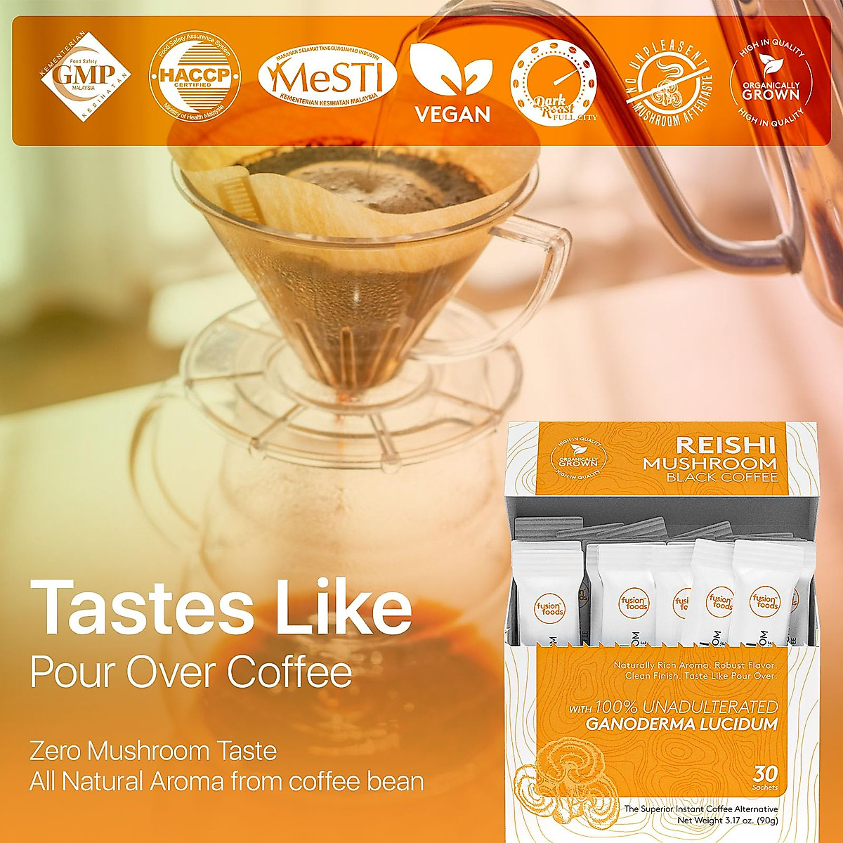 Reishi Mushroom Black Coffee by fusion foods™ | All Natural Unadulterated Reishi Mushroom Ganoderma | Robust Aroma & Taste - 30 counts