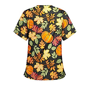 PETYCZEN Women's Halloween Scrub Tops Cute Pumpkin Ghost Print Short Sleeve V Neck T Shirts Anti Wrinkle Stretchy Working Nurse Uniform Medical Scrub Tops Blouses with Pockets L-Yellow 5X-Large