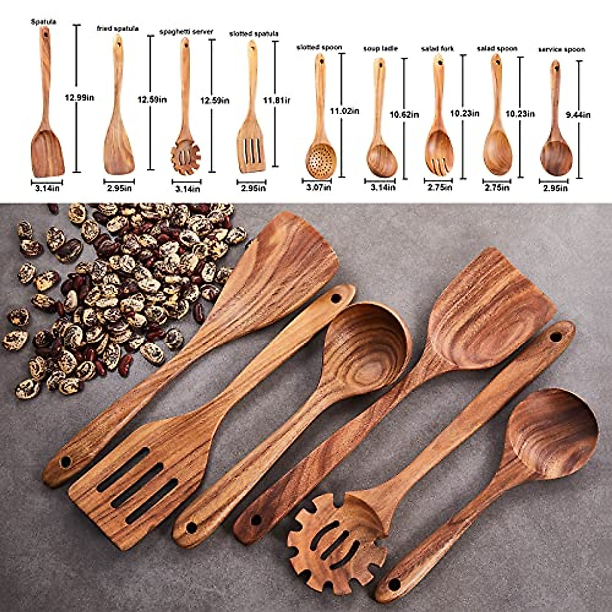 Wooden Kitchen Utensils Set,GUDAMAYE 9 PCE Wooden Spoons for Cooking,Wooden Cooking Utensils,Natural Teak Wooden Spoons For Non-stick Pan