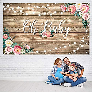 Rustic Wood Baby Shower Backdrop Banner Oh Baby Floral Baby Shower Decorations for Girls and Boys Wood Floor Flower Wall Newborn Birthday Party Photo Shoot Booth