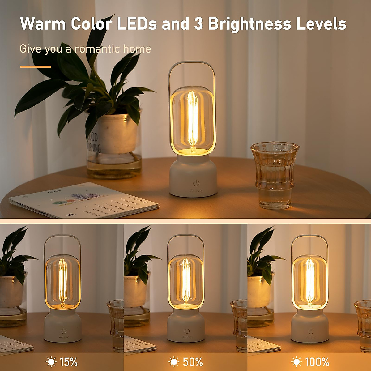 ArtiN-X Retro Cordless Lantern Table Lamp, 40 Hours Long Lasting Dimming Night Light, Small Rechargeable Battery Operated Light for Cruise Nightstand Travel Camping Nightstand, Decoration, Gift- White