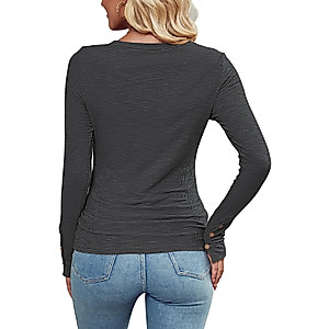 Hount Womens Fall Tops Long Sleeve 2023 Slim Fit Button Down Ribbed Knit Henley T Shirts Blouse Dark Grey M