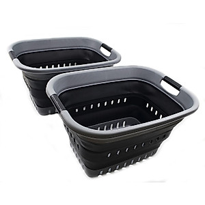 SAMMART 37L (9.77 gallon) Collapsible Plastic Laundry Basket - Foldable Pop Up Storage Container/Organizer - Portable Washing Tub - Space Saving Hamper/Basket (2, Grey/Black)