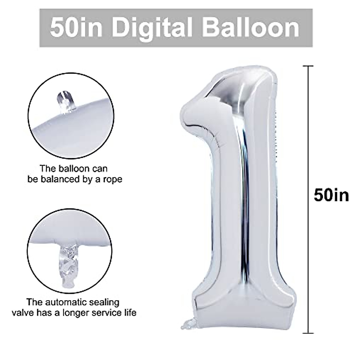 TONIFUL 50 Inch Large Silver Number Balloons 0-9, Foil Mylar Big Digital Balloon Number 1 Digit One for Birthday Party, Wedding, Bridal Shower, Engagement, Photo Shoot, Anniversary (Silver one)